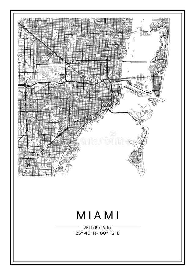Black and White Printable Miami City Map, Poster Design. Stock Vector ...