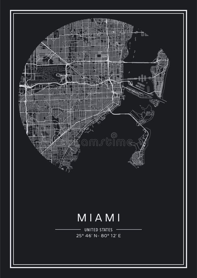Black and White Printable Miami City Map, Poster Design. Stock Vector ...