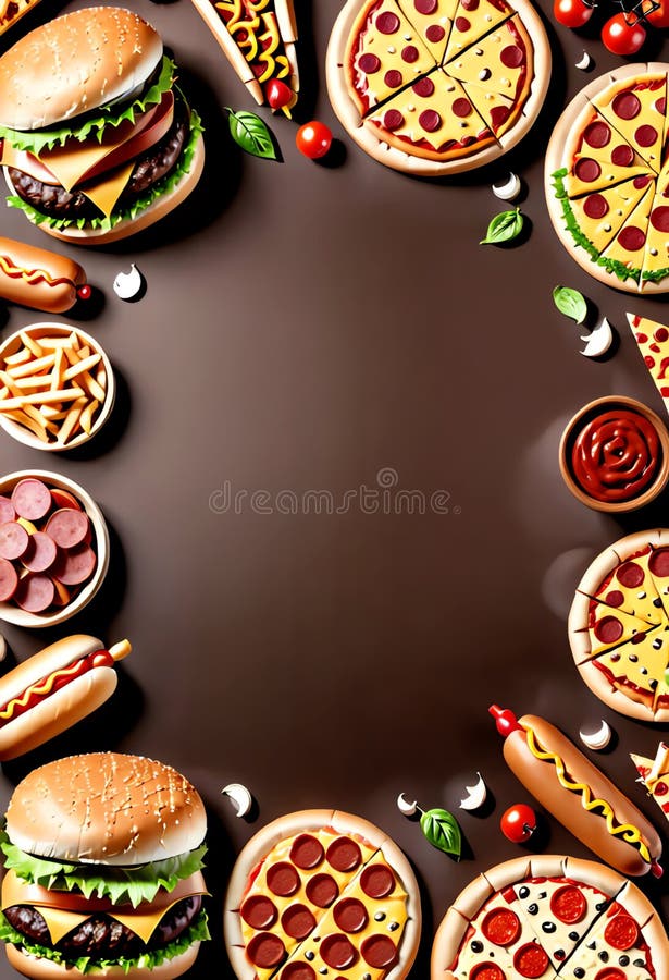Poster Background Flat Lay with Copy Space Burger, Hot Dog and Pizza ...