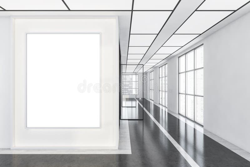Poster in the Black, White Office Passage with Panoramic Windows Stock ...