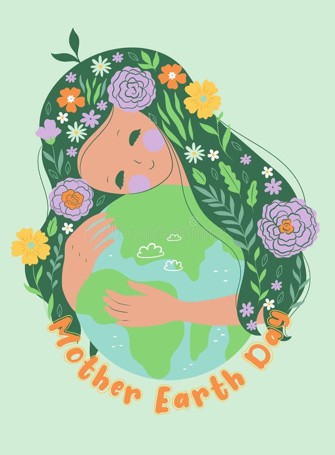 Poster or Card for Earth Day with a Girl Hugging the Planet. Vector ...