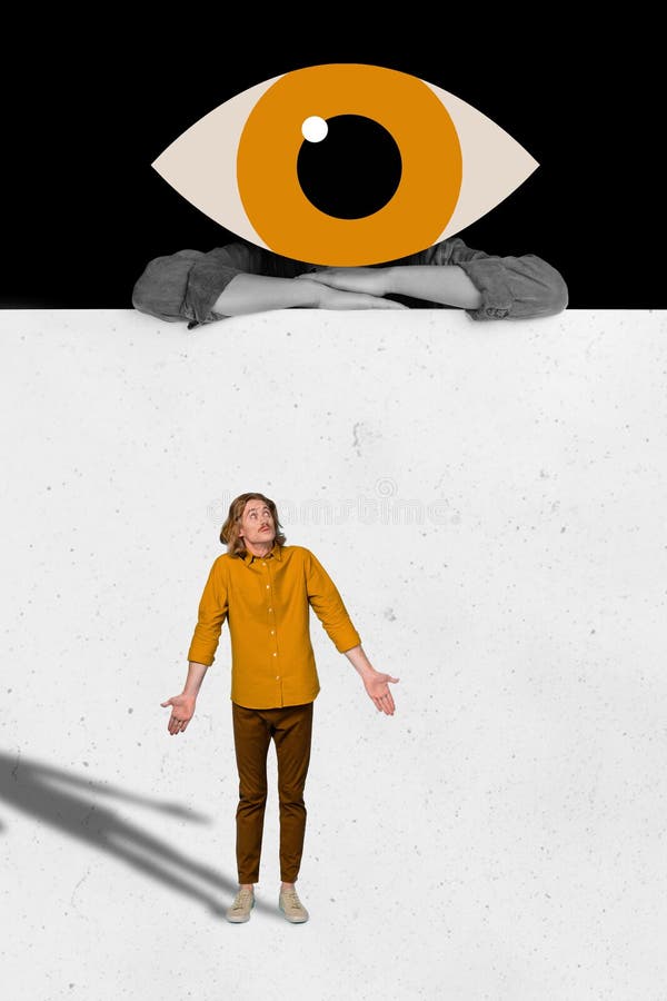 Poster Collage of Giant Eye Look Down on Doubt Guy Not Know Manipulate ...