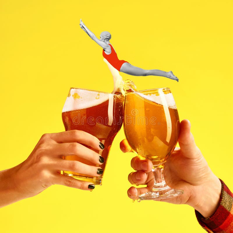 Poster Contemporary Art Collage Hands Holding Glasses Of Beers And Clinking With Splash On