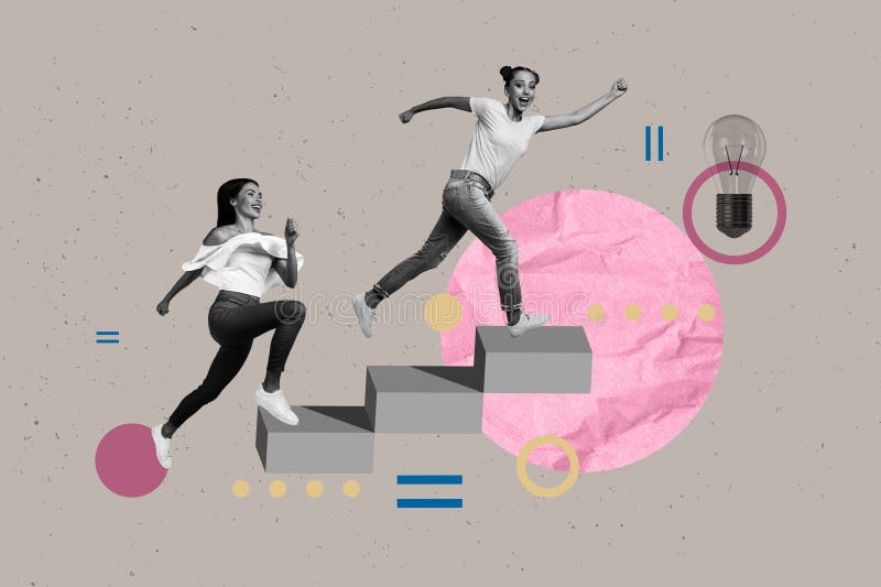 Poster Creative Collage of People on Steps Follow Light Bulb on Grey ...