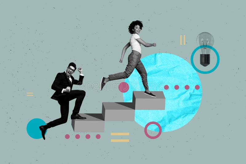 Poster Creative Collage of People on Steps Run Challenge Win Light Bulb ...