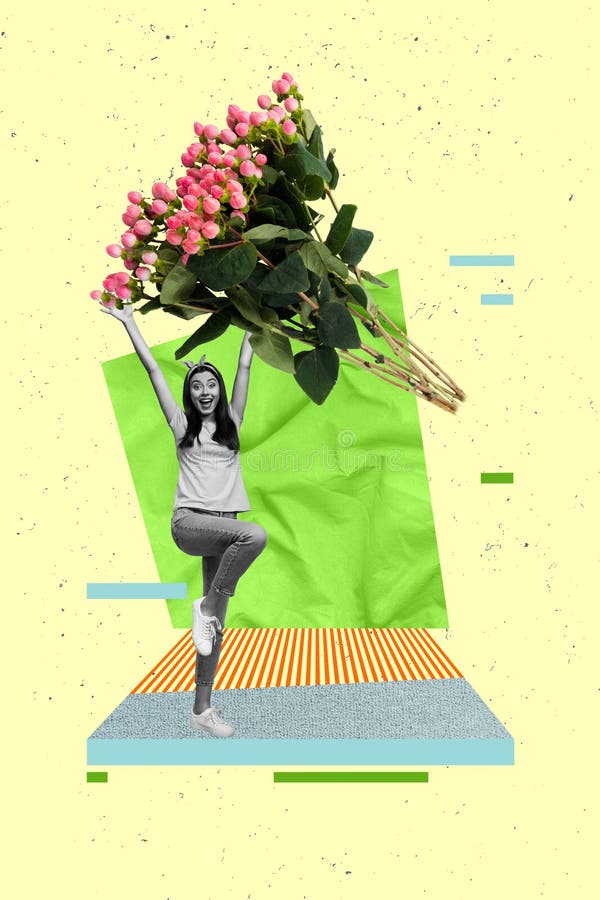 Poster Creative Collage of Person Winning with Flower Bunch on Yellow ...