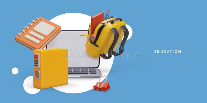 Poster with 3d Notebooks, Backpack and Laptop. Different Realistic ...