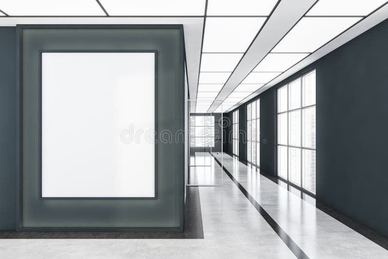Poster in the Dark Blue, White Office Passage with Panoramic Windows ...