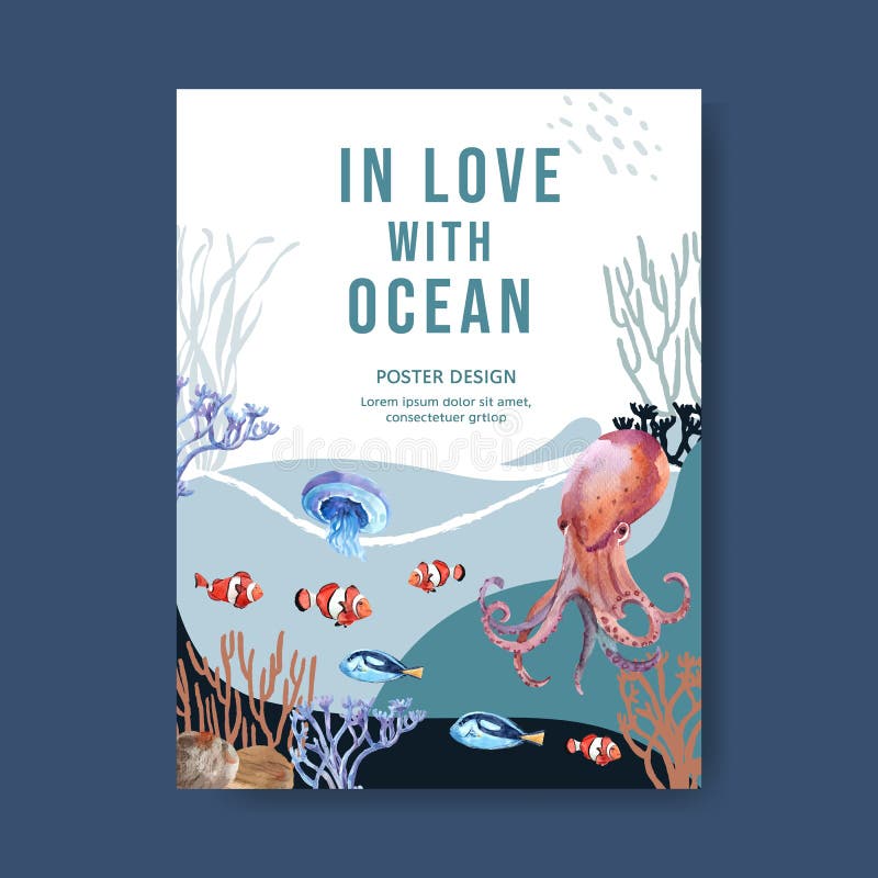 Poster Design with Sealife-theme, Creative Octopus with Coral Vector ...