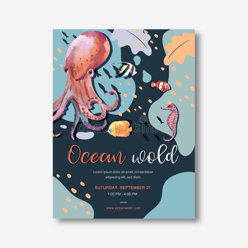 Poster Design with Sealife-theme, Creative Octopus, Fish and Seahorse ...