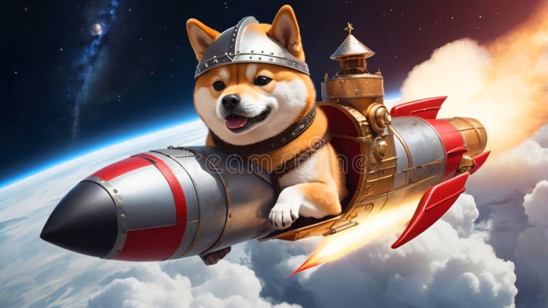 Poster of a Dog Riding a Rocket and Wearing a Viking Uniform Stock ...