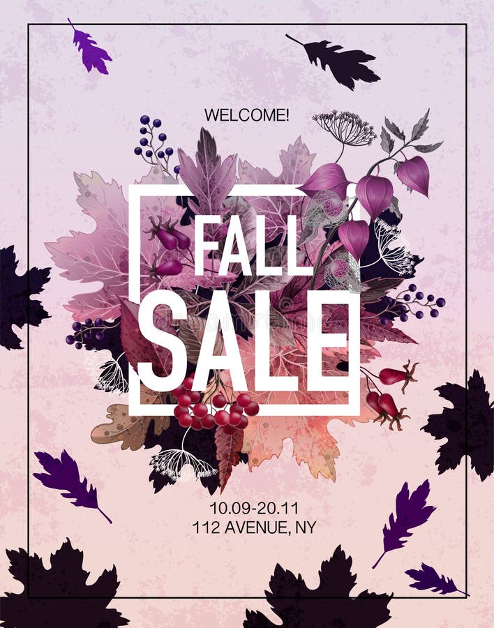 Poster Fall Sale with Leaves and Berries. Vector. Stock Vector ...