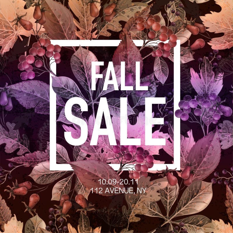 Poster Fall Sale with Leaves and Berries. Vector. Stock Vector ...