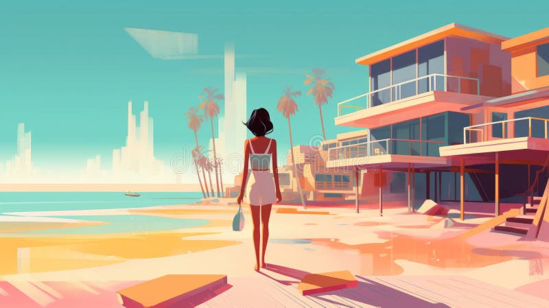 Minimalist Drawing Poster By James Gilleard Featuring A Cute Karen On A White Beach Background