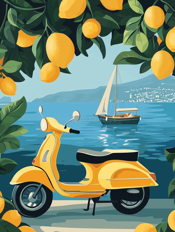 Poster Featuring an Orange Scooter Under a Lemon Tree by the Seaside ...