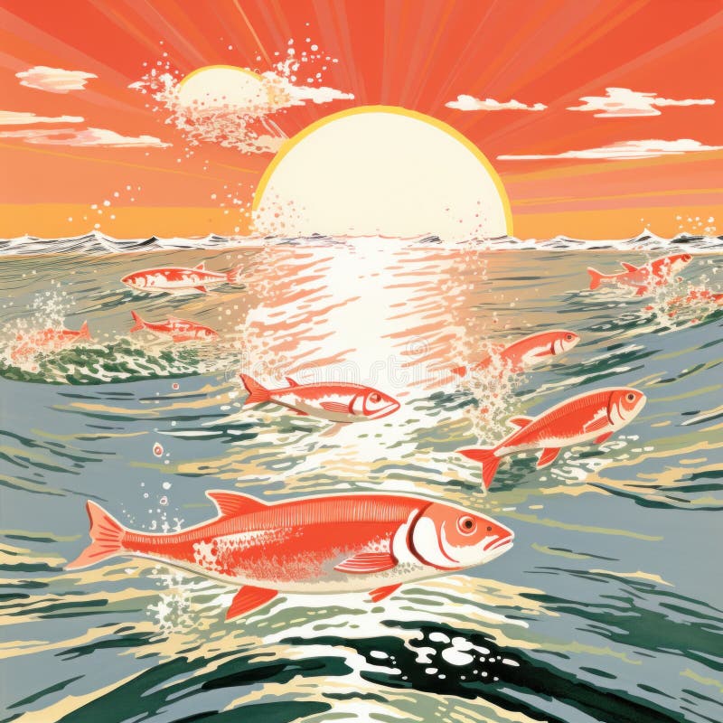 A Poster with Fish Swimming in the Ocean at Sunset, AI Stock ...