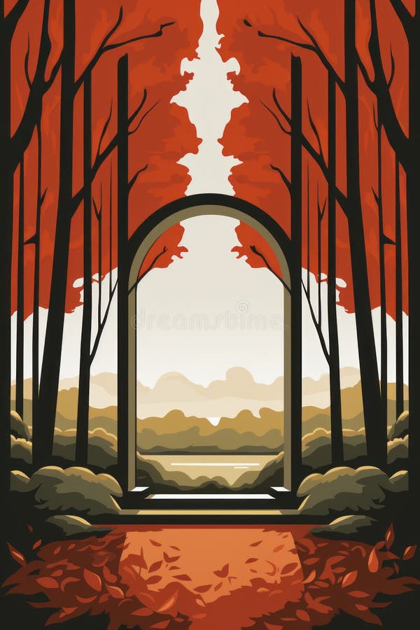 A Poster of a Forest with Trees and an Archway Stock Illustration ...