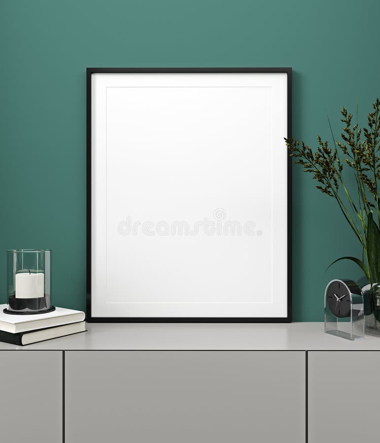 Poster Frame Mockup with Green Wall, Console and Decorations, 3d ...