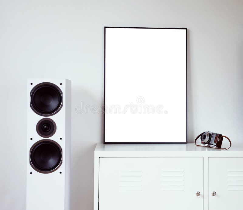 Poster Frame Mockup in White Modern Interior. Modern Audio Stereo ...