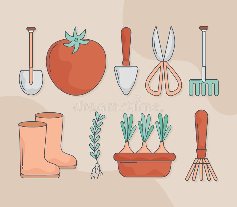 Gardening tools set stock vector. Illustration of boots - 258451180