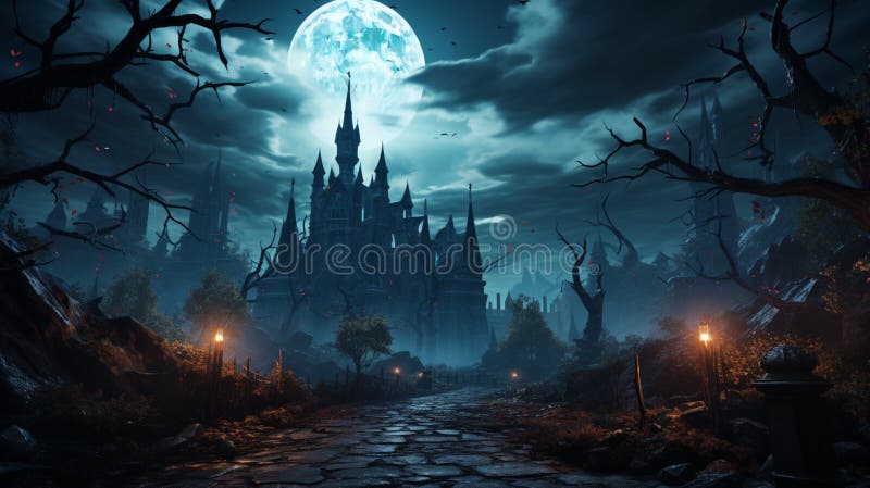 A Poster for a Graveyard with Bats and a Blue Background with a Moon ...