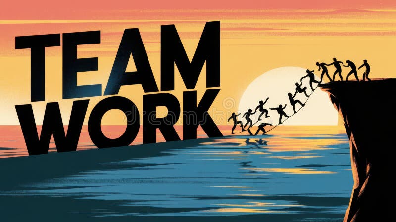 Poster with a Group of People Jumping Over a Cliff Stock Illustration ...