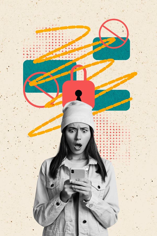 Poster Image Collage of Afraid Scared Woman Panic Shock Wrong Password ...