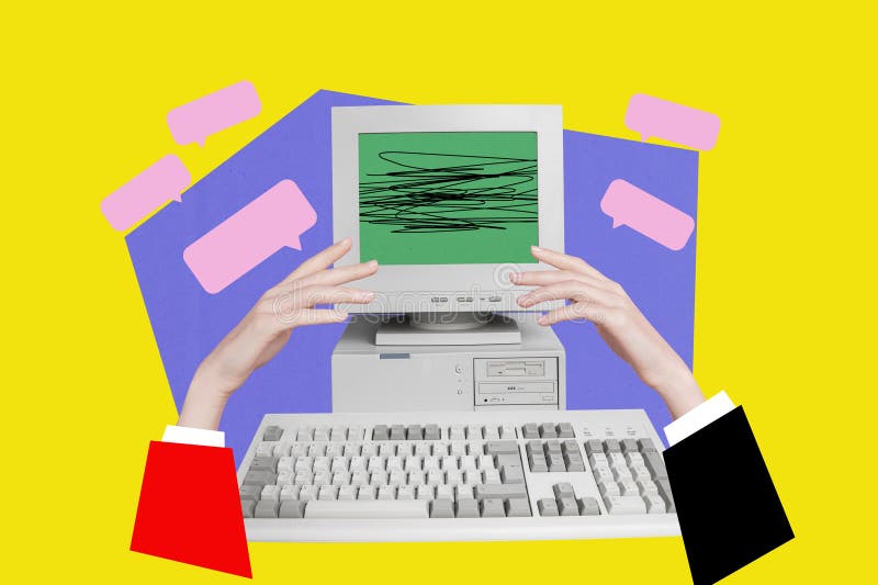 Poster Image Collage of Hands Working Using Computer Talking on Yellow ...