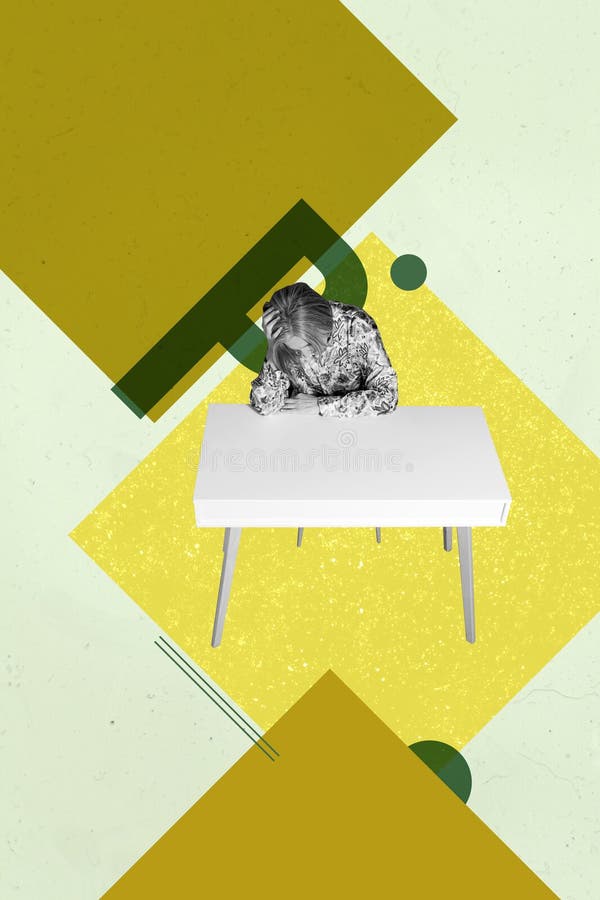 Poster Image Collage of Person Sit Table Exhausted on Green Color ...