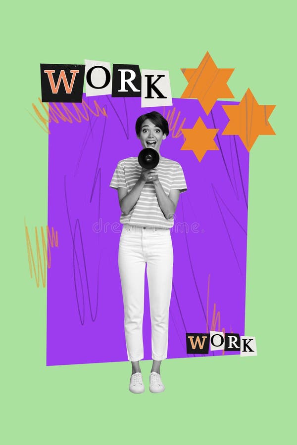 Poster Image Collage of Person Stand Under Workd Work with Stars Over ...