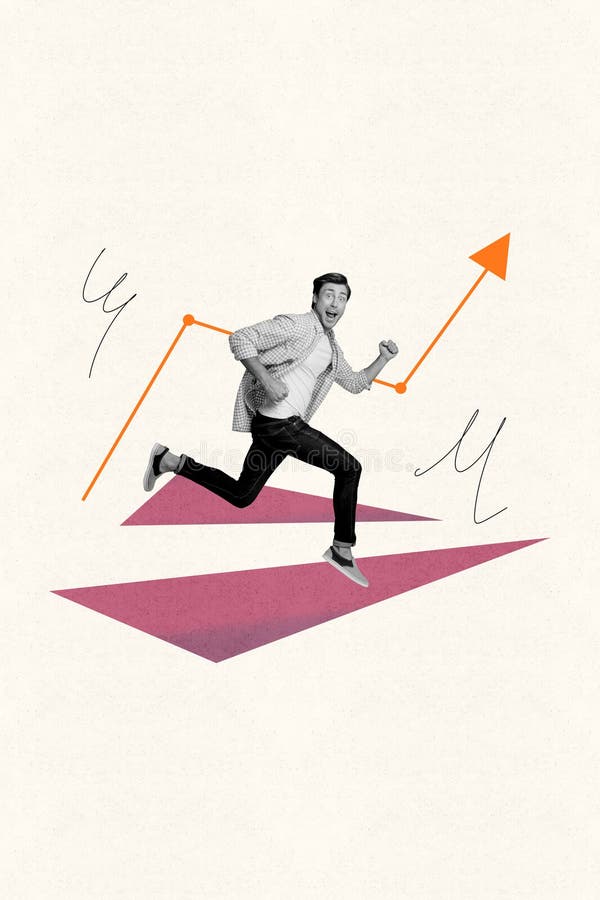 Poster Image Collage of Young Worker Man Run Fast on Drawing Plane ...