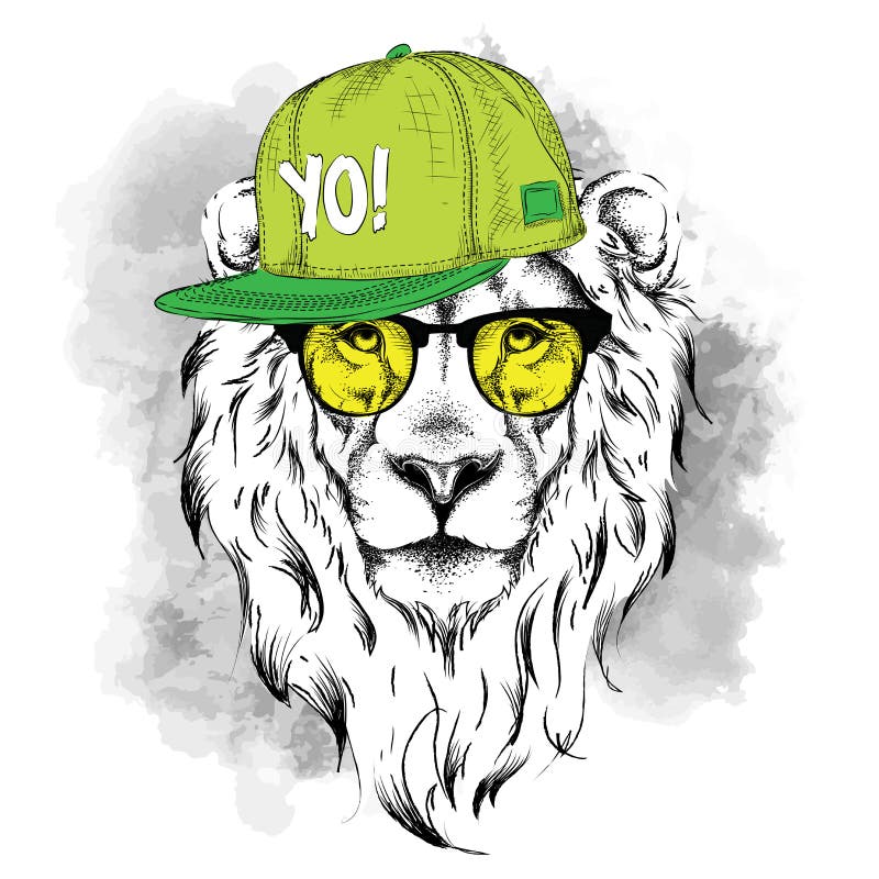 The Poster with the Image Lion Portrait in Hip-hop Hat. Vector ...
