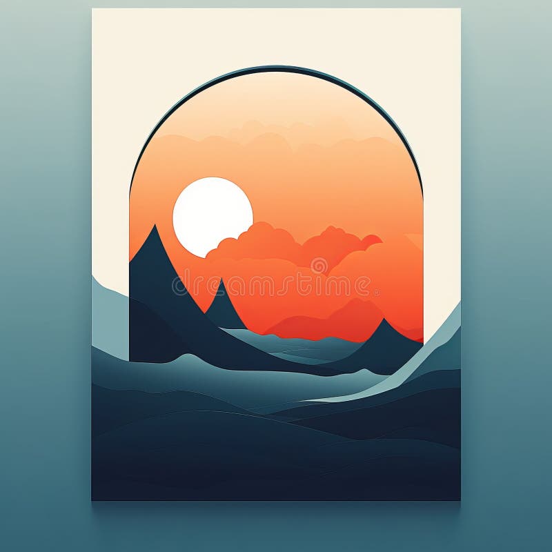 A Poster with an Image of a Sunset and Mountains Stock Illustration ...
