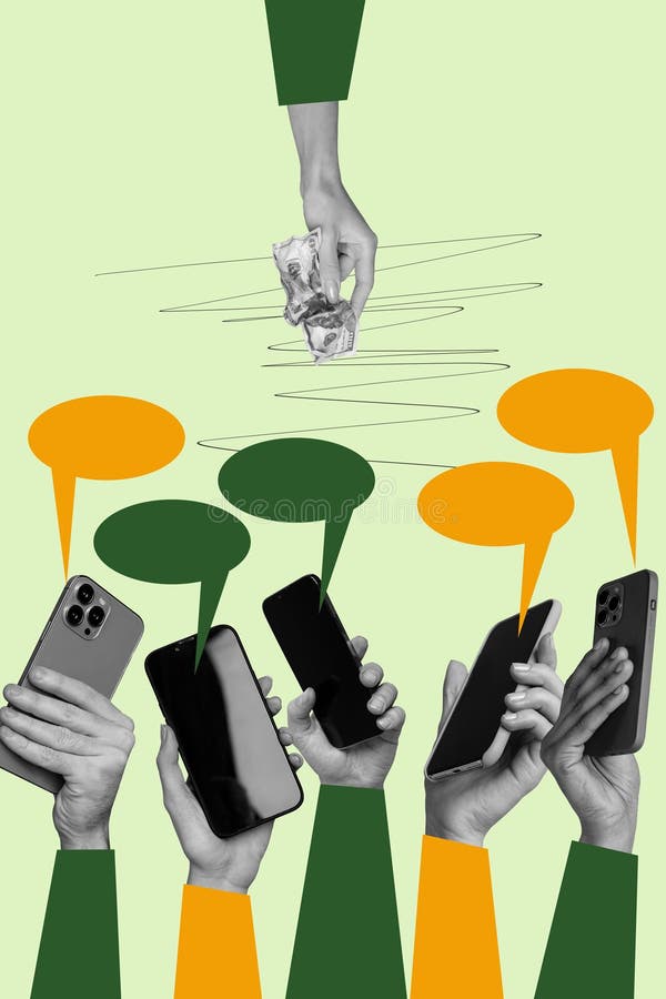 Poster Image Vertical Photo Collage of Hands Hold Phone Device Bubble ...