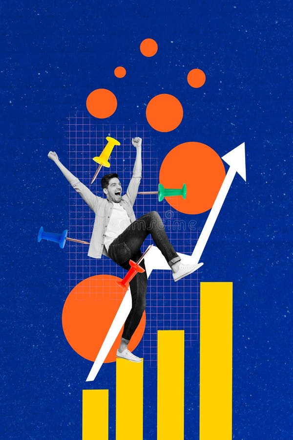 Poster Image Vertical Photo Collage of Happy Man Stand Chart ...