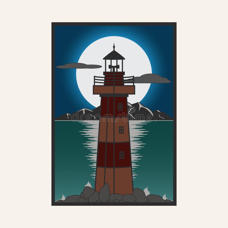 Poster Lighthouse Night Landscape Design Art Vector Illustration Stock ...