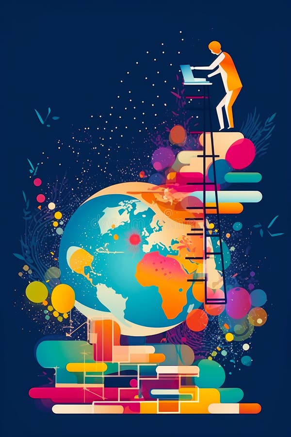 Poster with Man Climbing Ladder To the Top of Globe. Generative AI ...