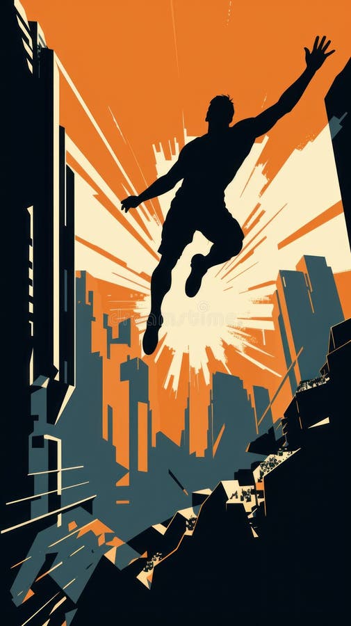A Poster of a Man Jumping Over Rubble, AI Stock Photo - Image of ...