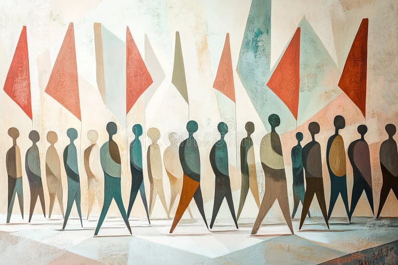 Poster with Many Abstract Human Figures Marching Forward with Stylized ...
