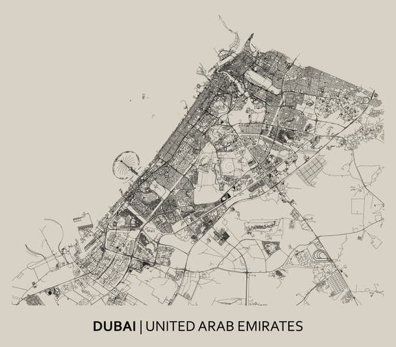 Dubai (United Arab Emirates) Street Map Outline for Poster. Stock ...