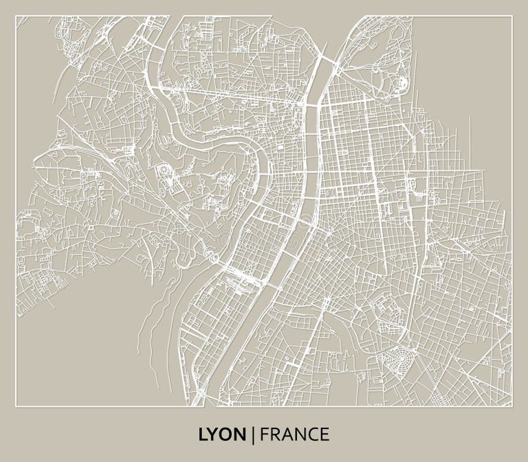 Lyon (Auvergne-Rhône-Alpes, France) Street Map Outline for Poster ...