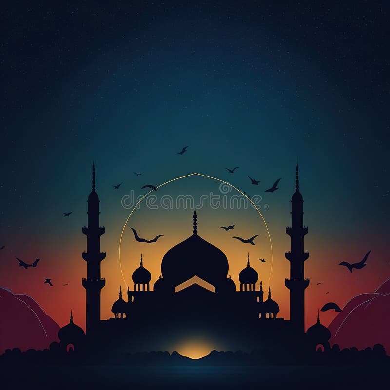 A Poster for a Mosque with a Bird Flying Around it. Stock Illustration ...