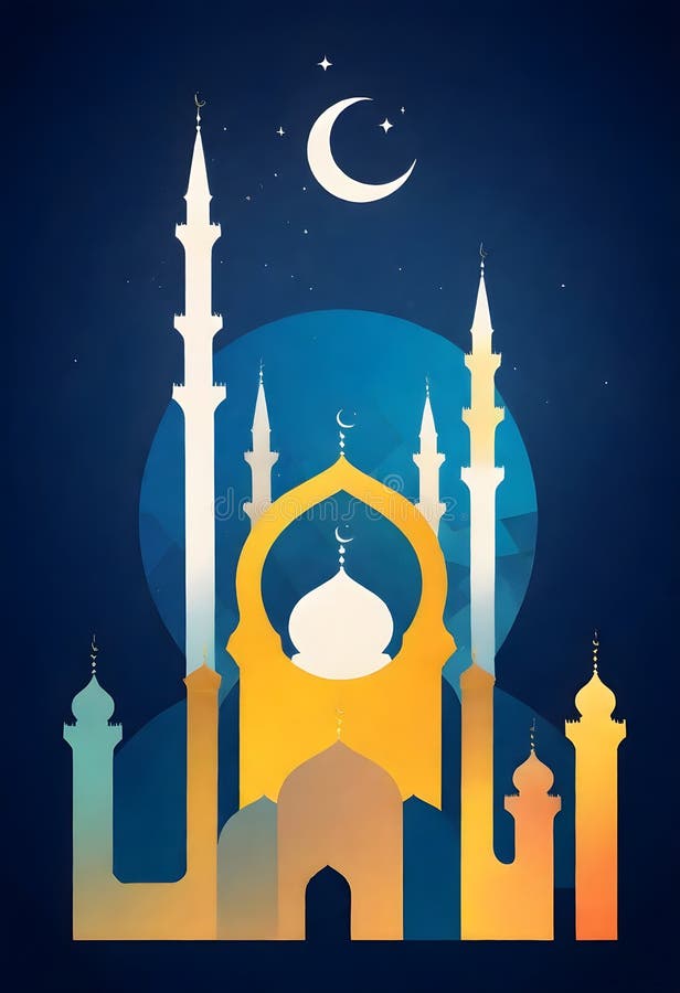 A Poster for a Mosque with a Silhouette Mosque and Crescent Moon Stock ...