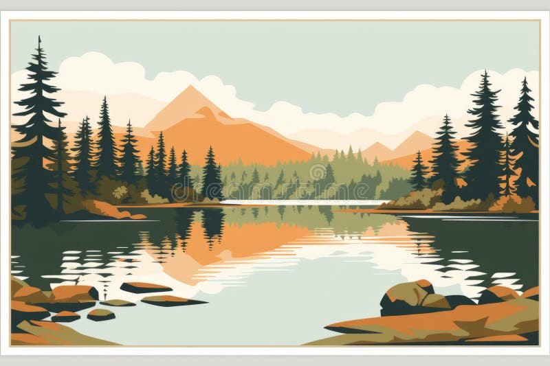 A Poster of the Mountains and Lake with Trees and Rocks Stock ...