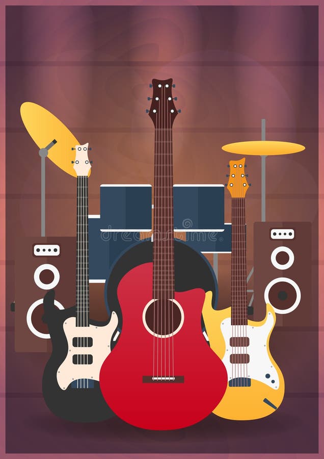 Poster with Musical Instruments. Music Studio. Guitar. Flat Design ...