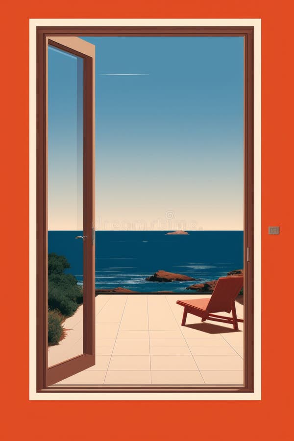 A Poster of an Open Door with a View of the Ocean Stock Illustration ...