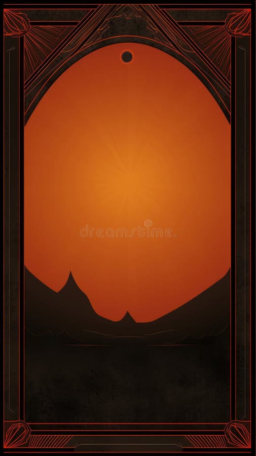 A Poster with an Orange Sun and Mountains in the Background Stock ...