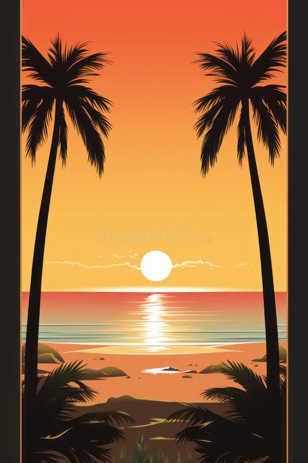 A Poster of Palm Trees on the Beach at Sunset Stock Illustration ...