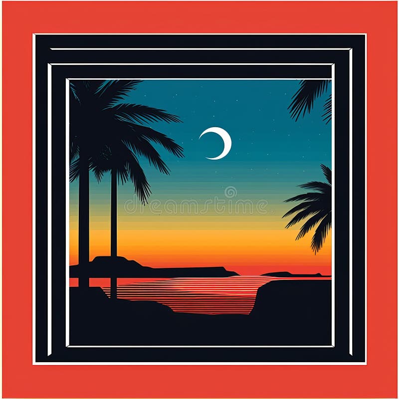 A Poster of Palm Trees and the Moon at Sunset Stock Illustration ...