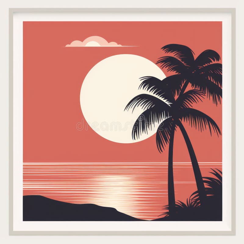 A Poster of Palm Trees and the Sun on a Beach Stock Photo - Image of ...